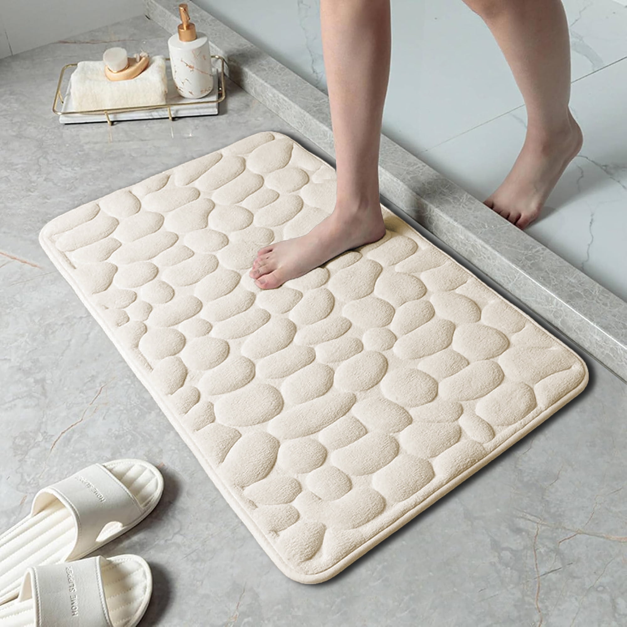 Evideco French Home Goods Bath Rug Memory Foam Mat 3D Pebble Beige 32"L ...