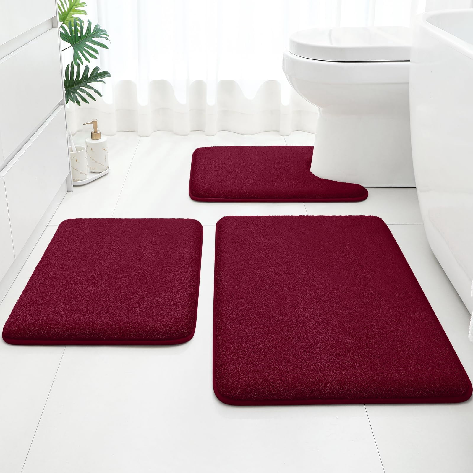 Bath Rugs Set 3 Piece Burgundy Red 17"x24"+20"x32"+U Shape 20"x24 ...