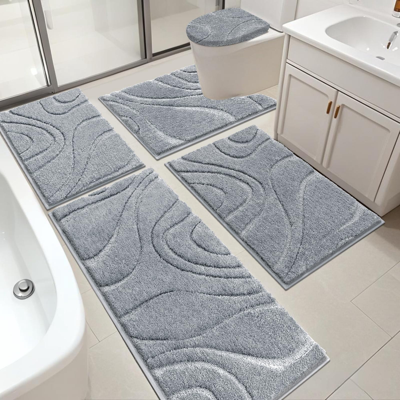 Bath Rugs Set 5 Piece Light Grey 18"x26"+20"x32"+20"x48"+U20"x24 ...
