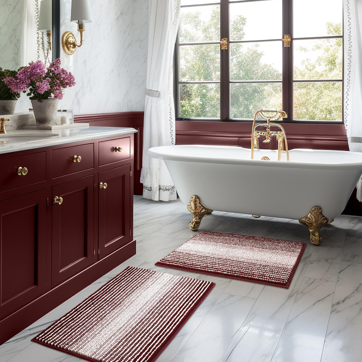 Bath Rugs Set Burgundy Red 20" x 32" Plus 16" x 24" Multi-Use Bathroom ...