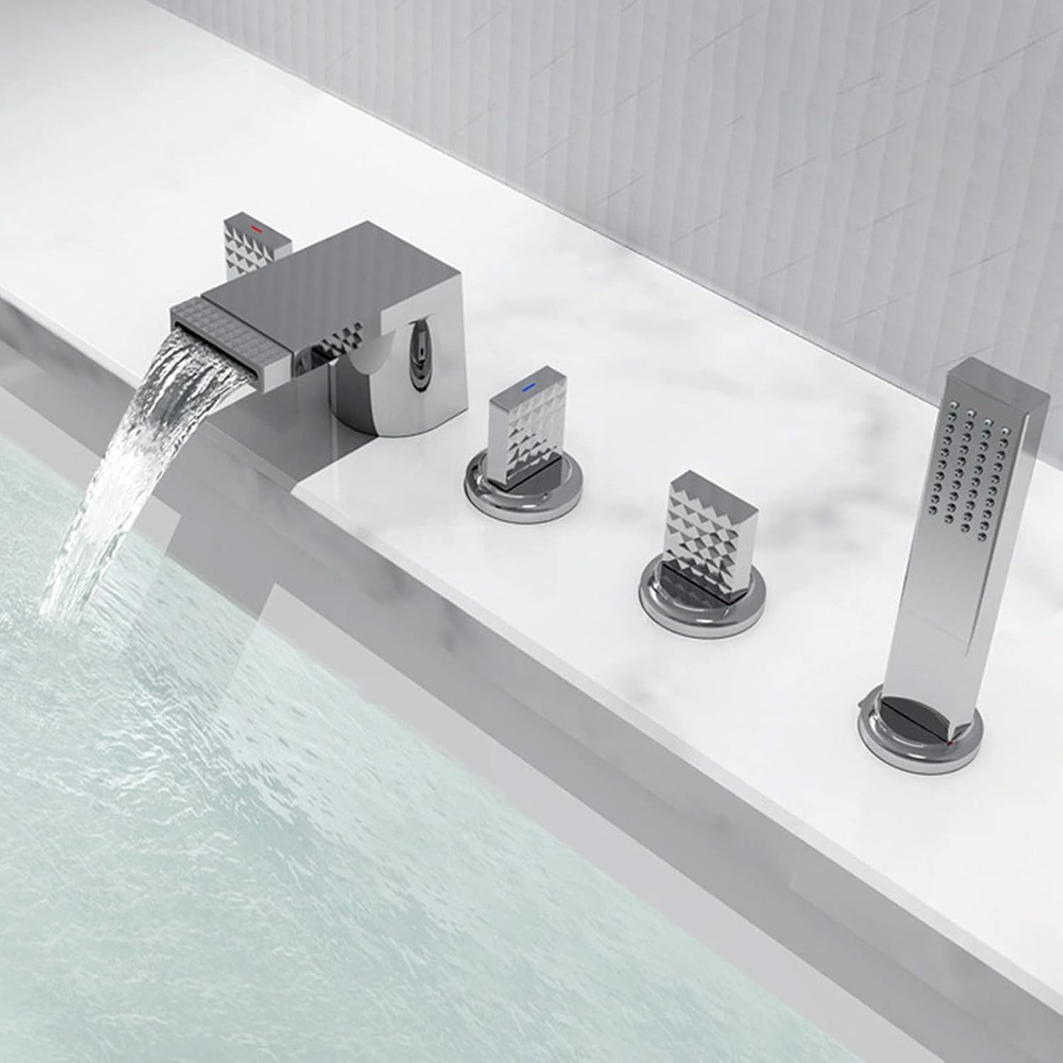 Bath Taps with Hand Shower Waterfall Brass 5 Holes Shower Mixer Tap Set ...