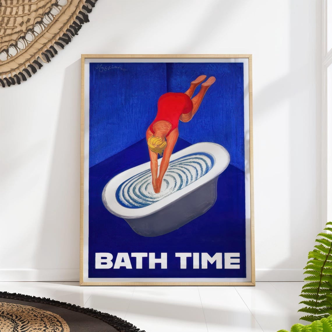 Bath Time Poster - Mid-Century Bathroom Art - Swimmer Illustration ...