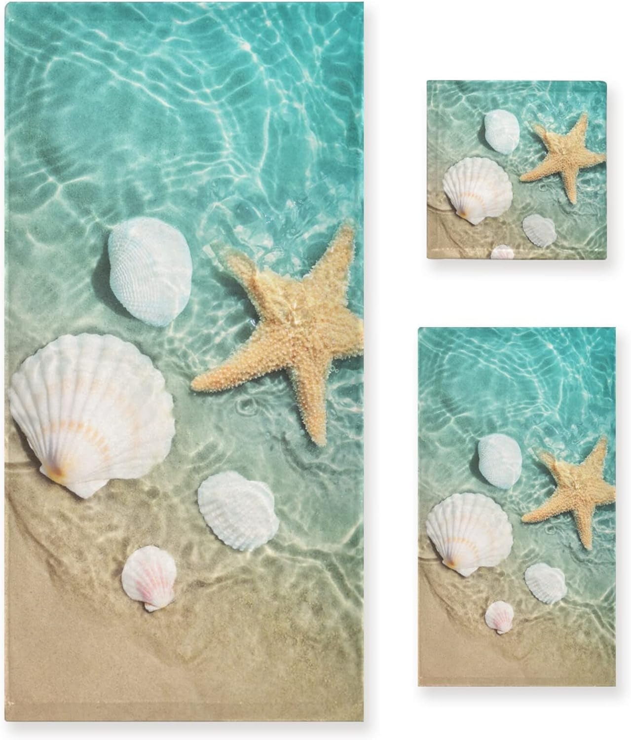 Bath Towel Sets for Bathroom Hand Towels Fingertip Towels Seashell Starfish Beach 3 Piece ...