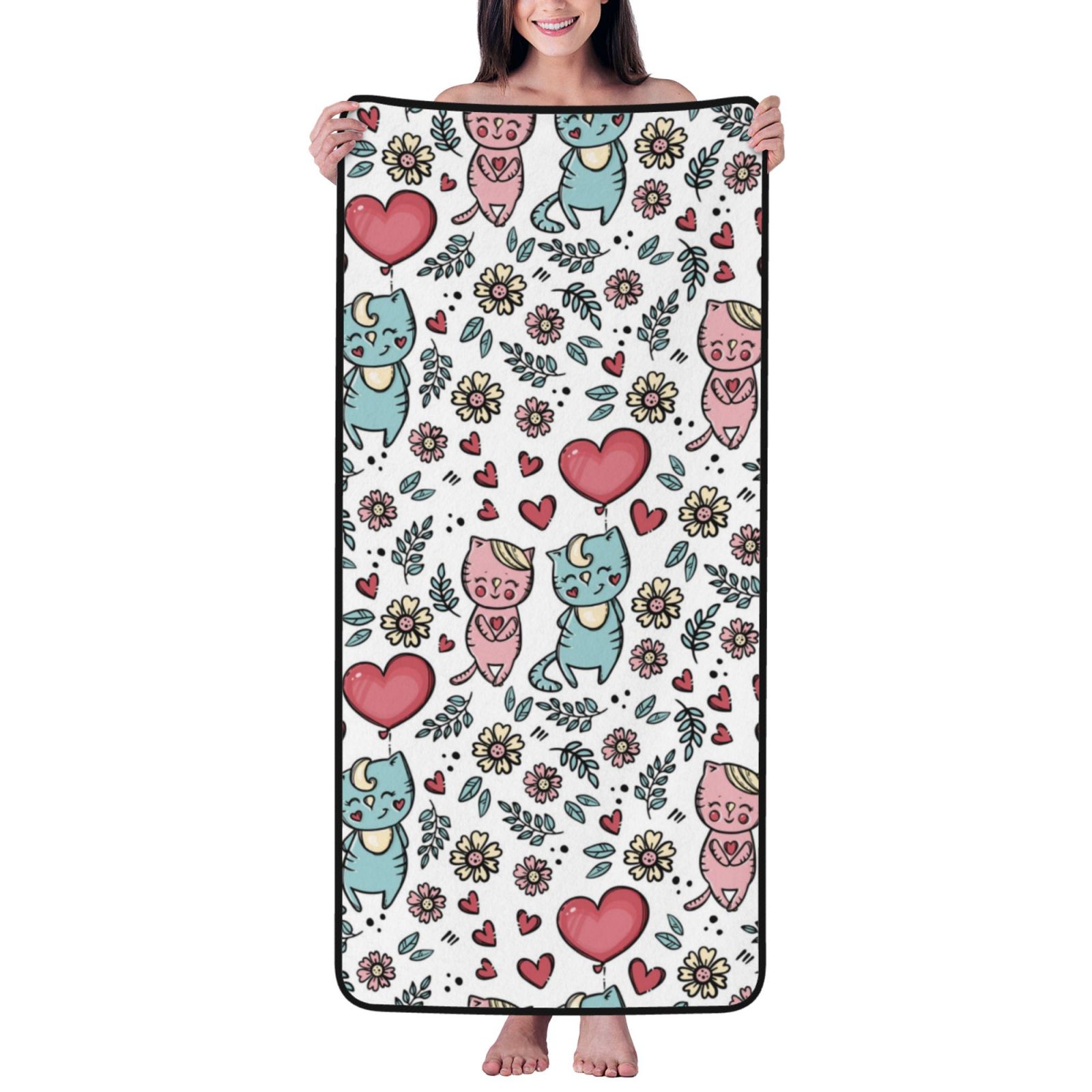 Bath Towels Cute Cartoon Couple Cat Heart Coral Quick Drying Bath ...