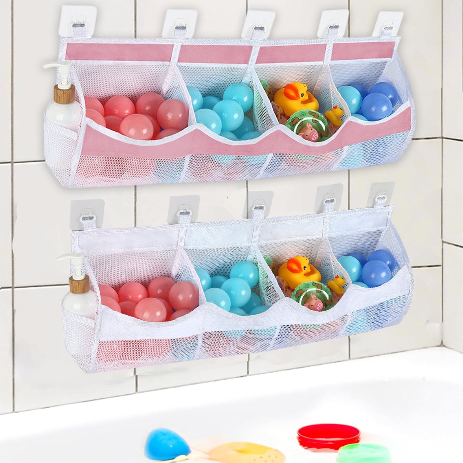 Bath Toy Organizer -- Plastic Storage Bin with Suction Cups, Pink/White ...