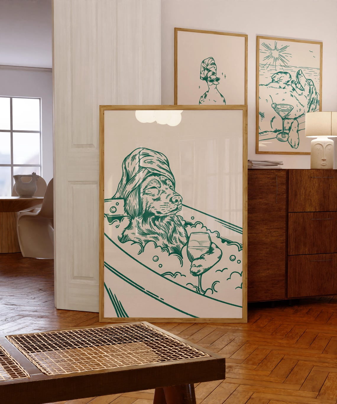 Bath Wine Dog Green Wall Art Trendy Bathroom Decor, Unframed Canvas ...