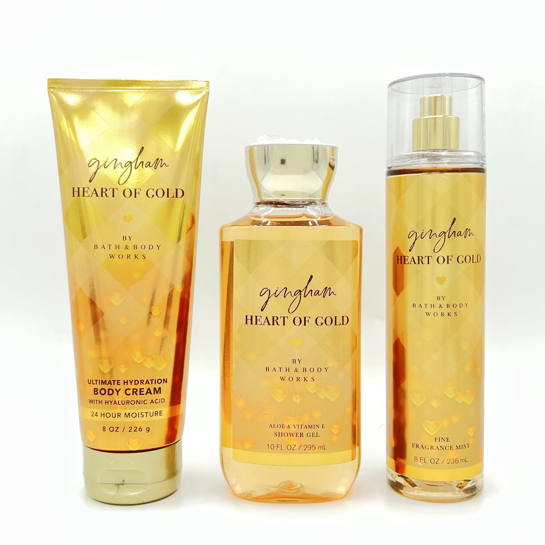Bath and Body Works Gingham Heart Of Gold 8oz Body Cream, 10oz Shower Gel and 8oz Fine Fragrance ...