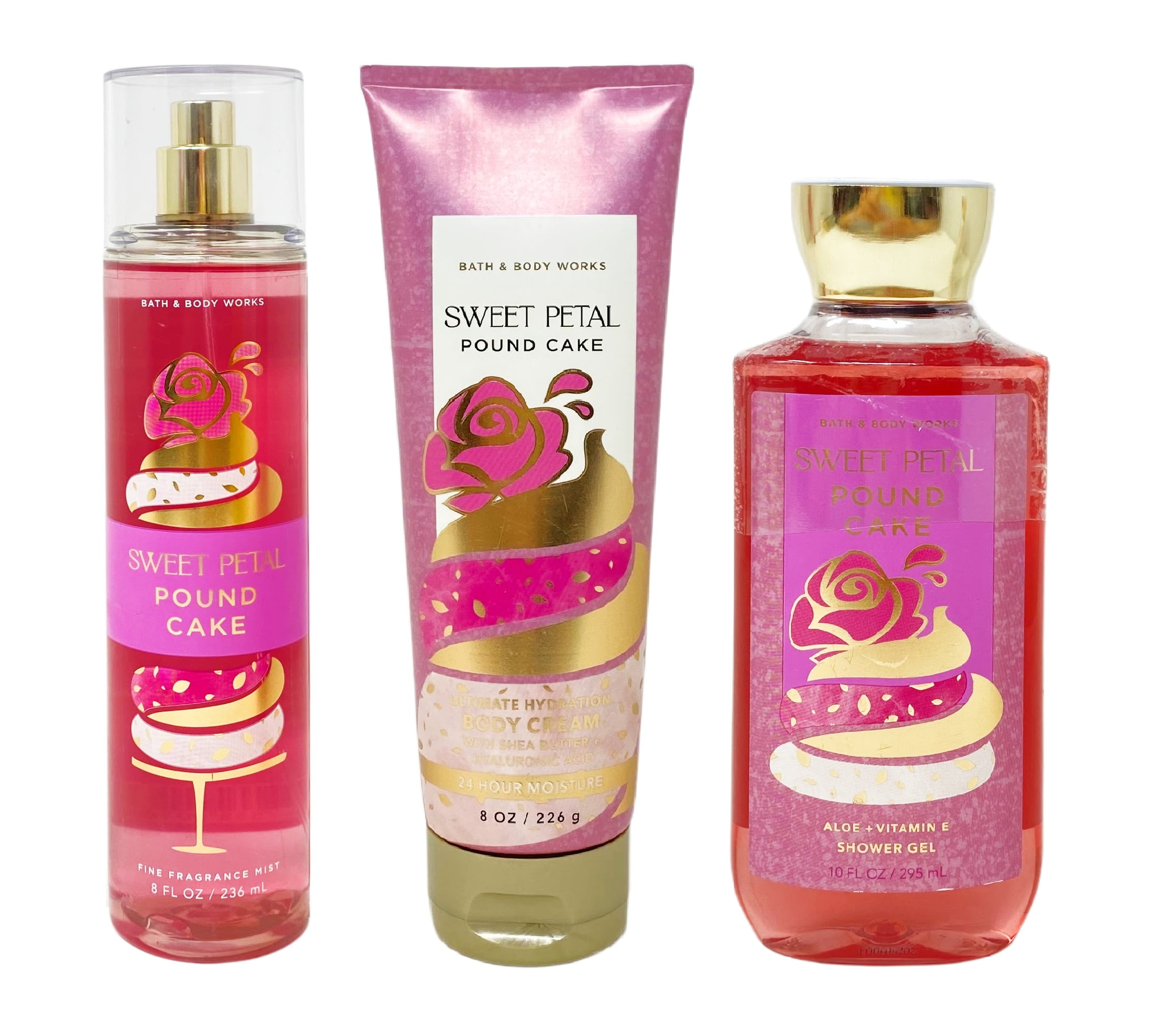 Bath and Body Works Sweet Petal Pound Cake 3 Piece Bundle - Fragrance ...