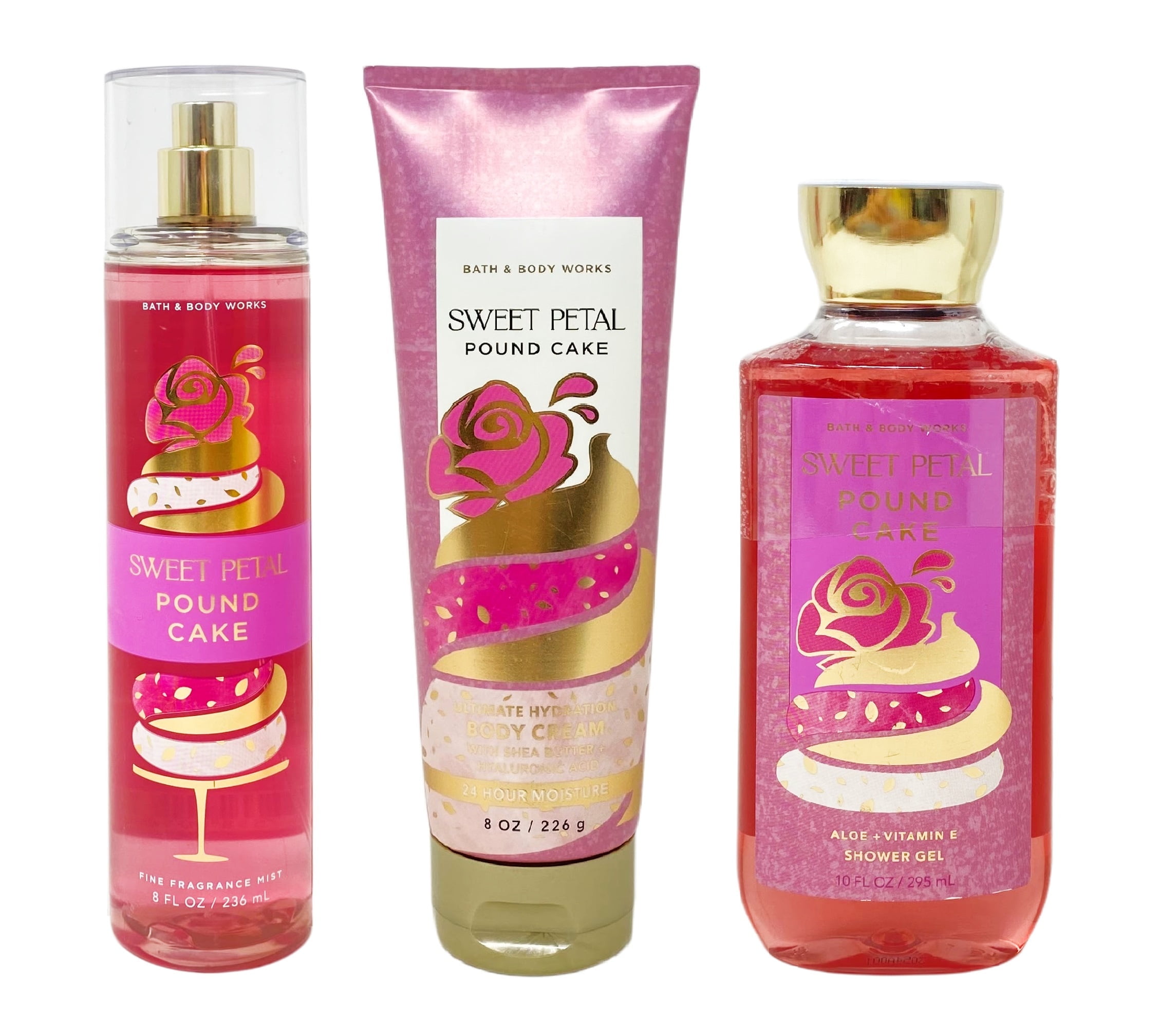 Bath and Body Works Sweet Petal Pound Cake 3 Piece Bundle - Rose ...