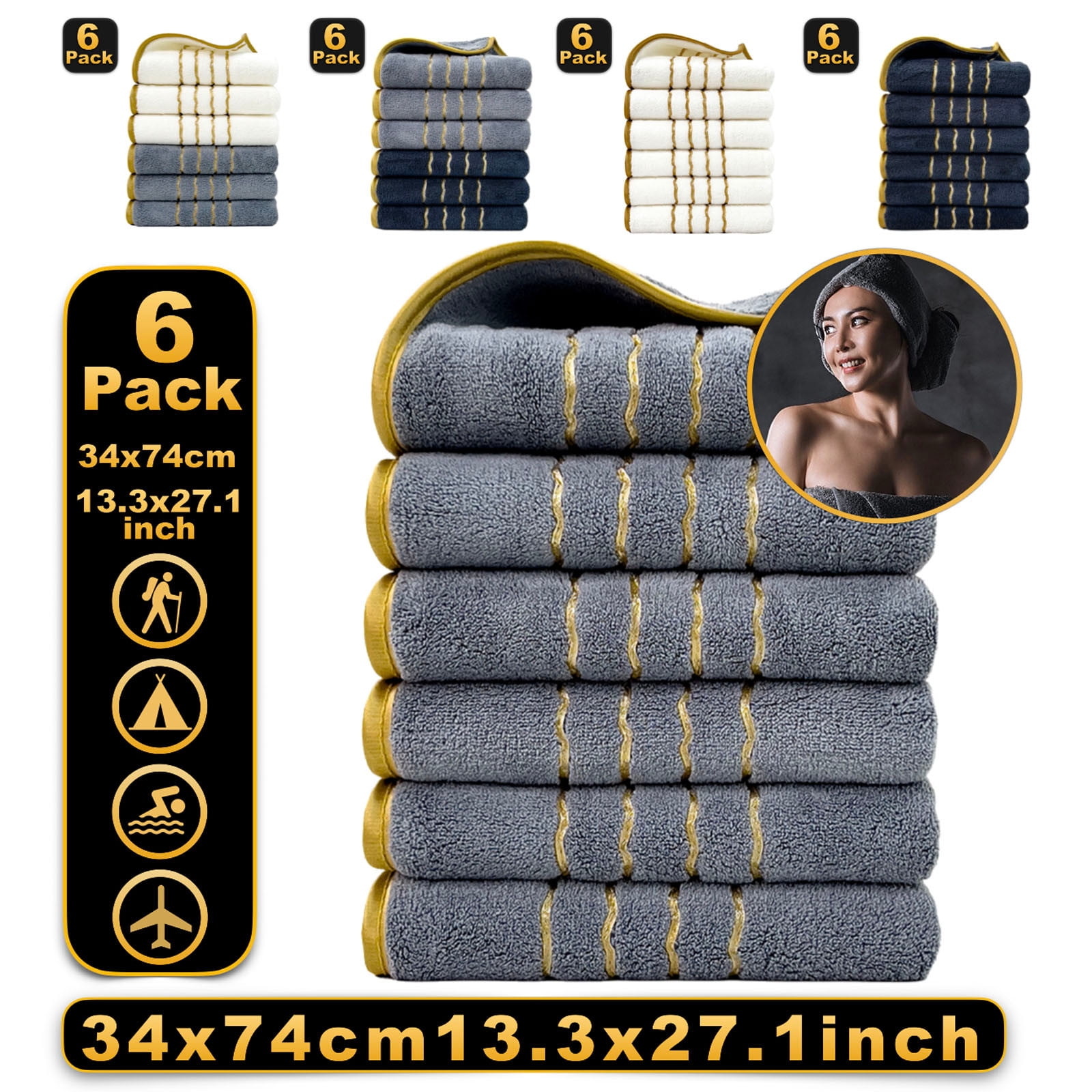 Bath towels,6 Pack Towels Set Face Towels Washcloths Cotton Soft And ...