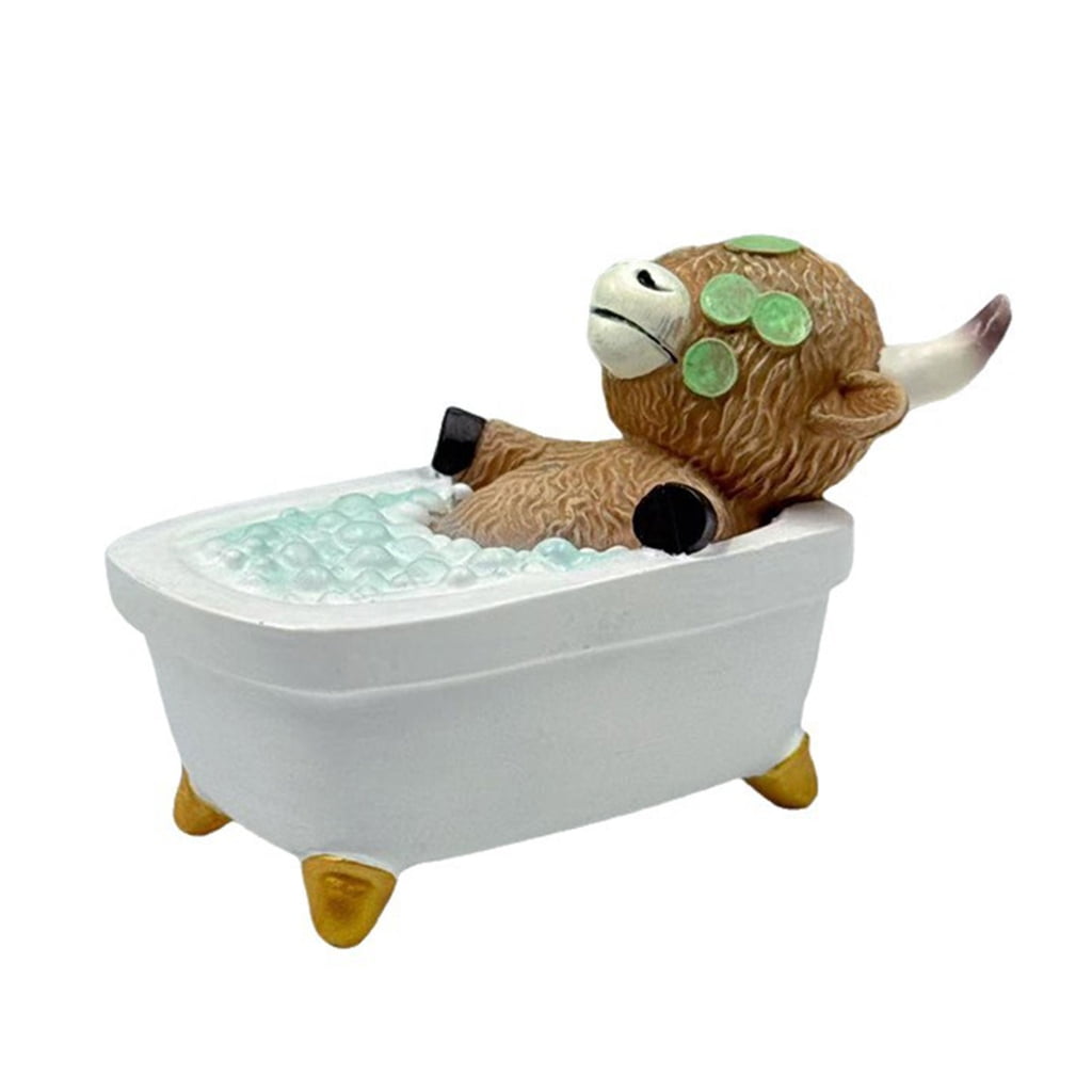 Bathing Highlands Cow Figurine Desk Decorations Cow Gnomes Resin ...