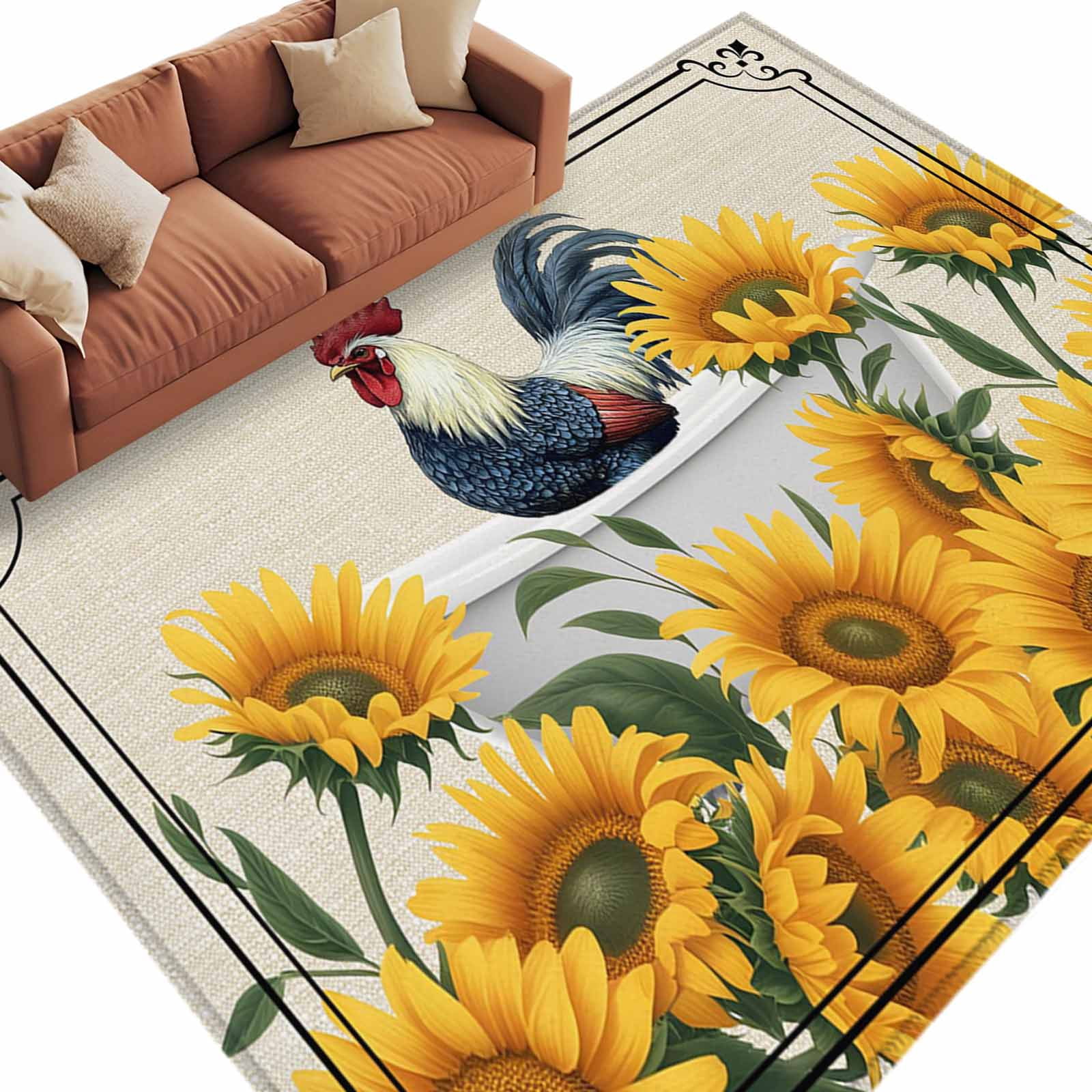 Bathing Roosters Area Rugs Collection 5'x8', Farmhouse Sunflower ...