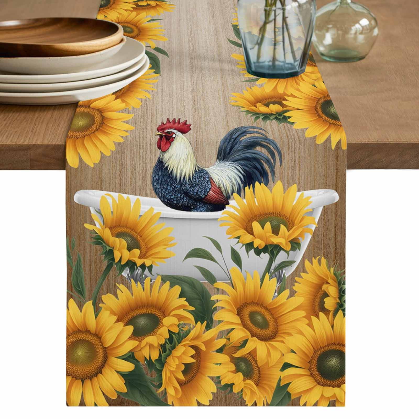 Bathing Roosters Cotton Linen Table Runner for Dining Kitchen ...