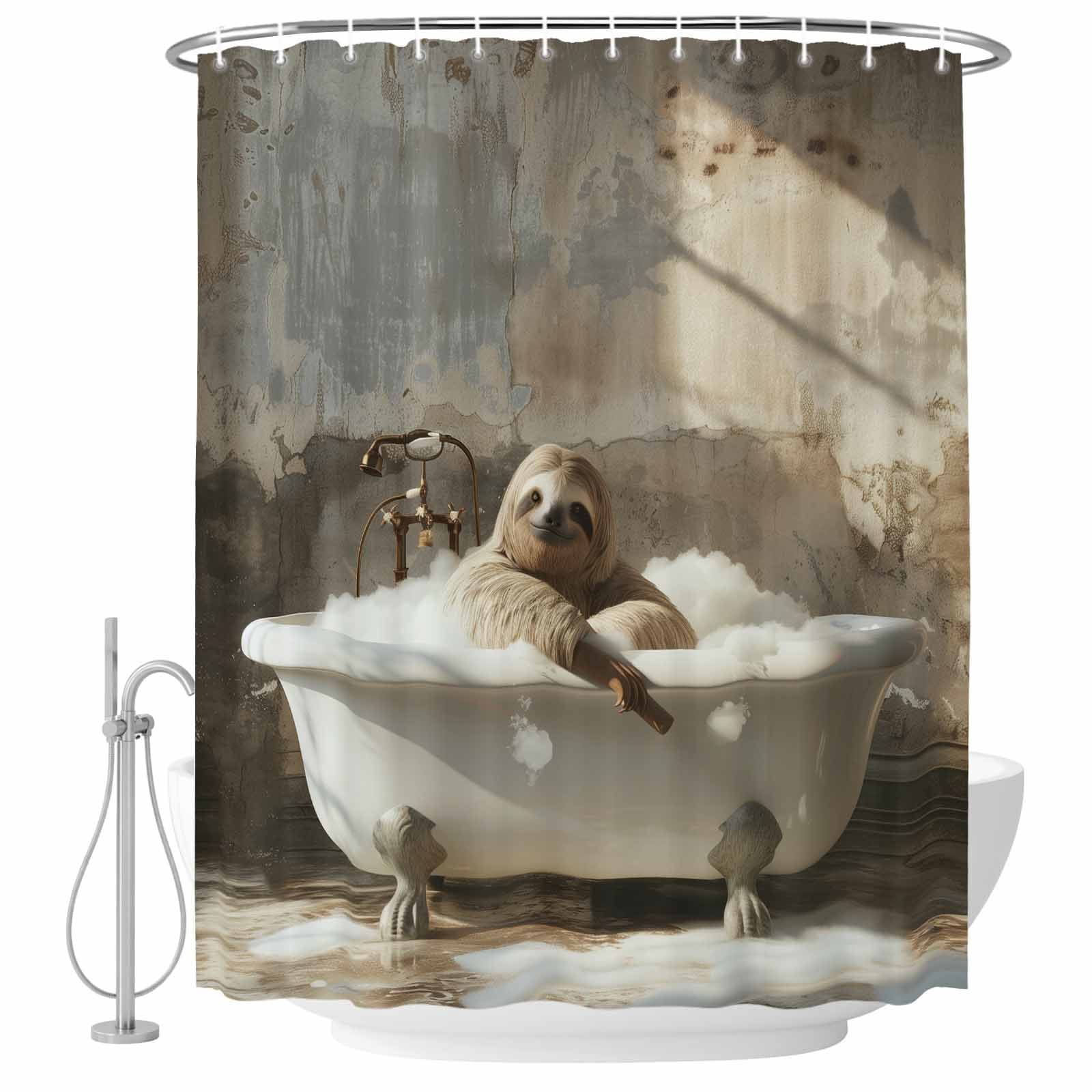 Bathing Sloth Holding Cigar in Bathtub Fabric Shower Curtain Oil ...
