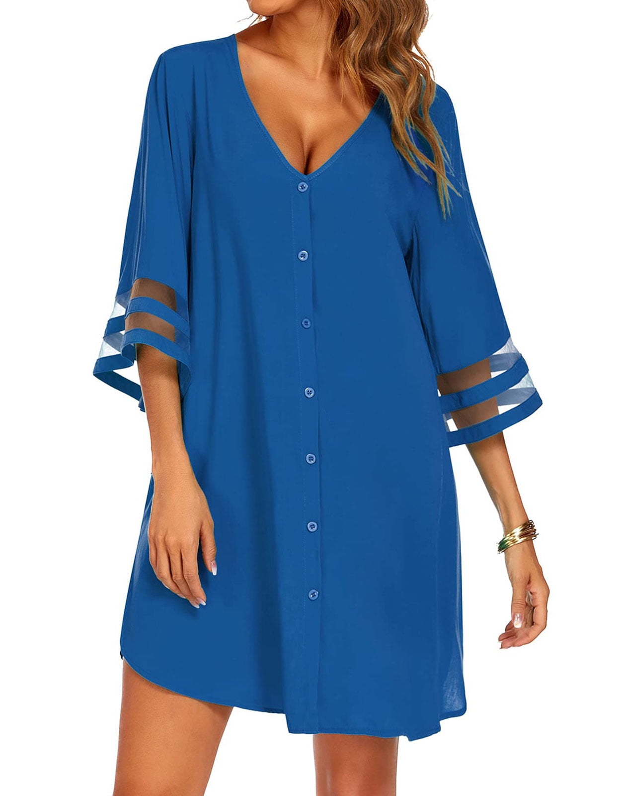 Bathing Suit Cover Up for Women Button Down V Neck Crochet Chiffon ...