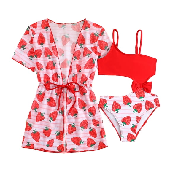 Bathing Suit For Girls 2 Piece Set Cover Up Strawberry Print Sleeves ...