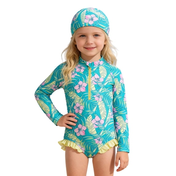 Bathing Suit For Girls Long Sleeve Matching Cap Tropical Leaf Floral ...