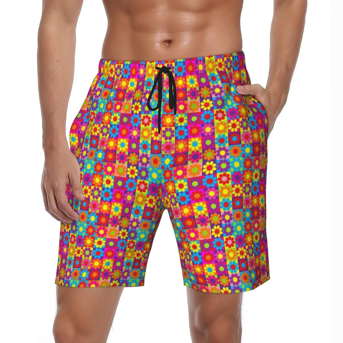 Bathing Suit Retro Square Print Gym Shorts Summer Flower Power Board ...