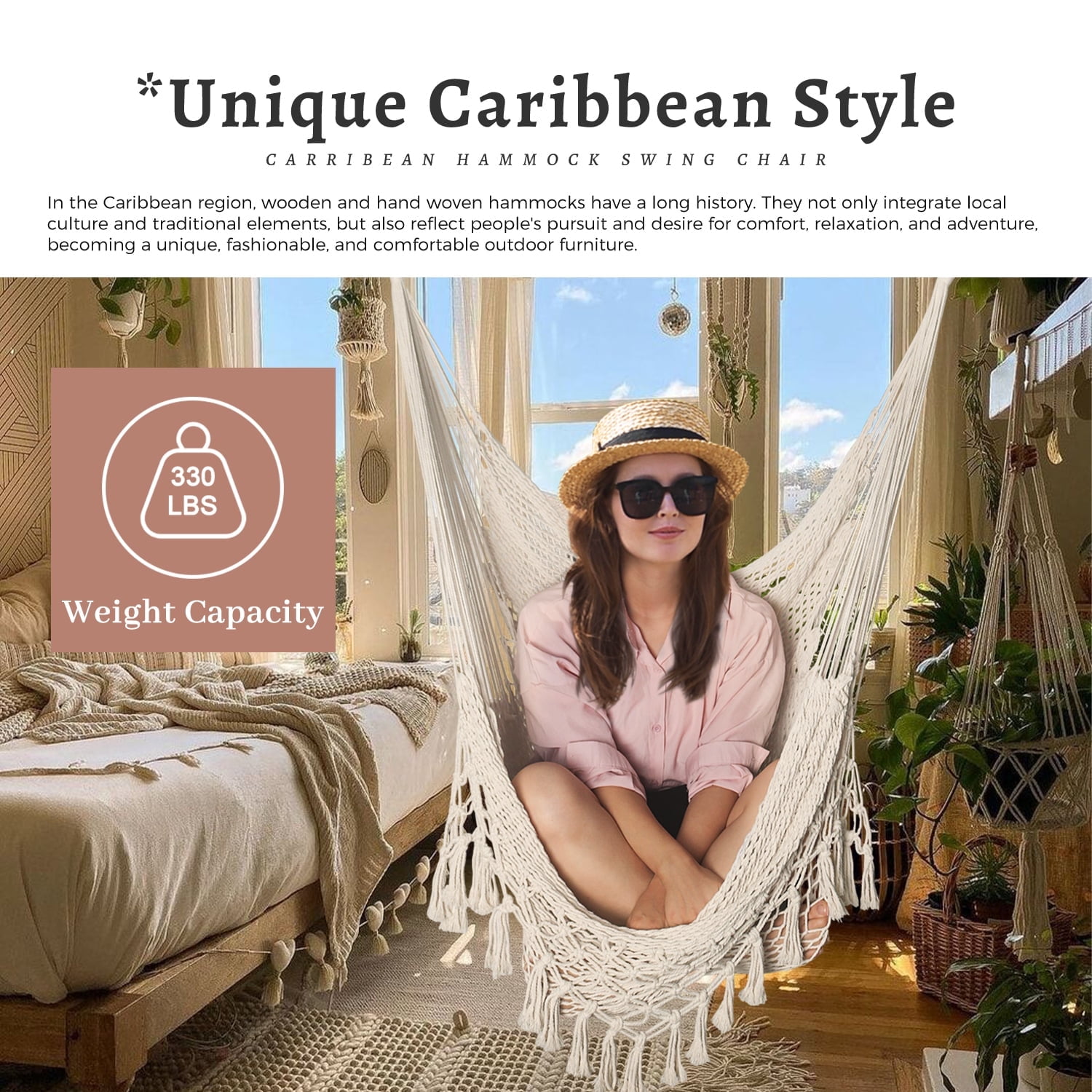 Bathonly Handwoven Cotton Rope Hammock Chairs with Metal Spreader Bar ...