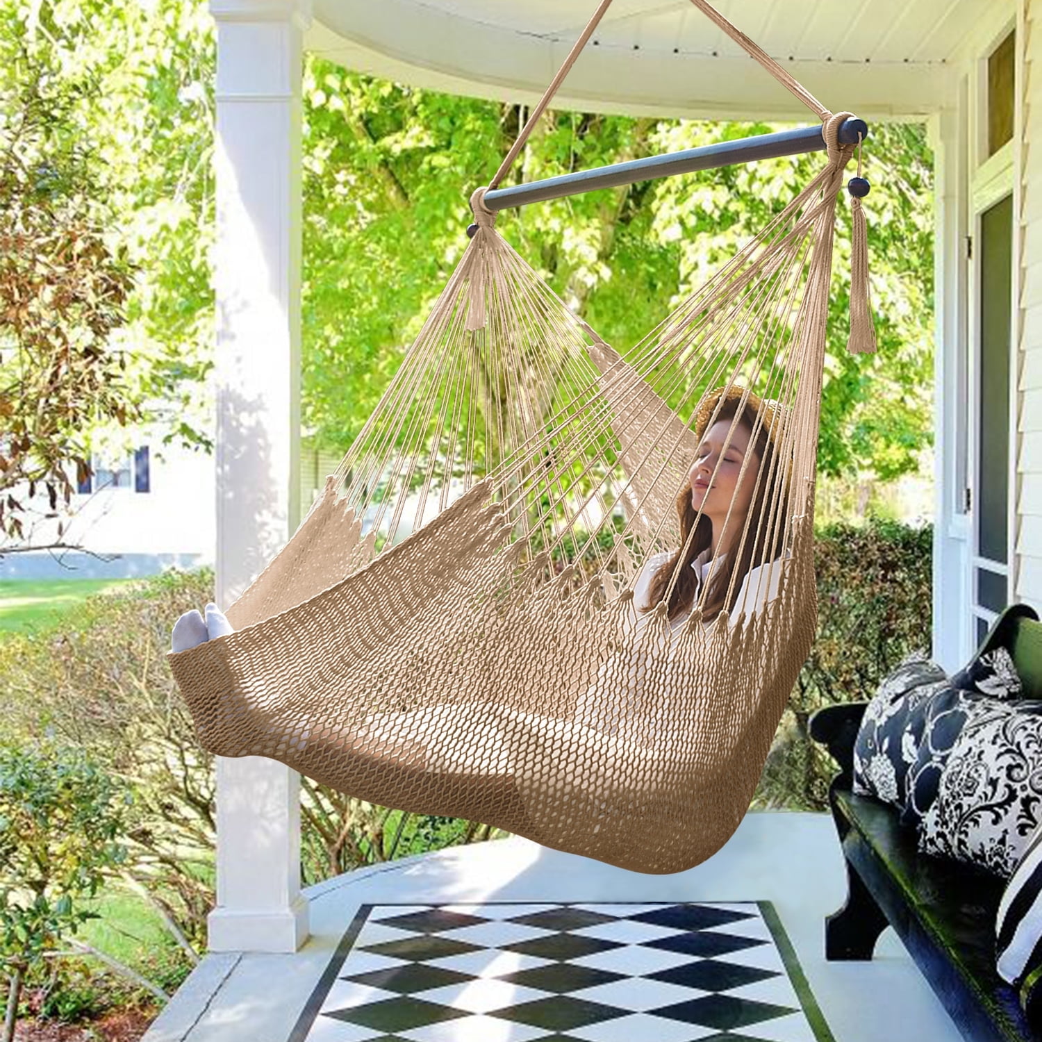 Bathonly Caribbean Hammock Swing Chair with Wood Spreader Bar, Outdoor ...