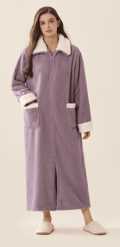 Bathrobe for Women: LOFIR Warm Plush Long Zip-Up Robe with Pockets ...