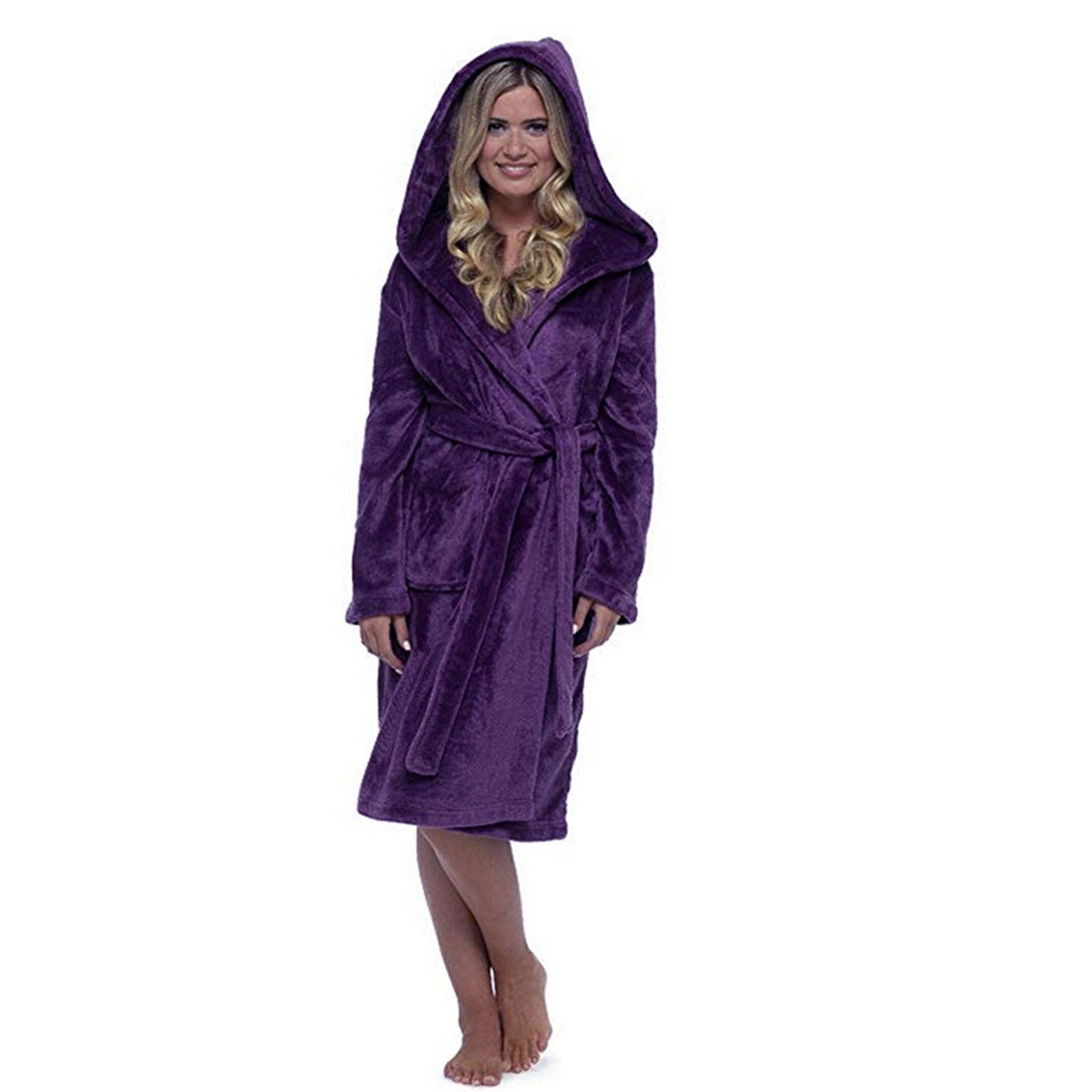 Bathrobe for Women Plush Fleece Long Sleeve Hooded Knee Length Robe ...