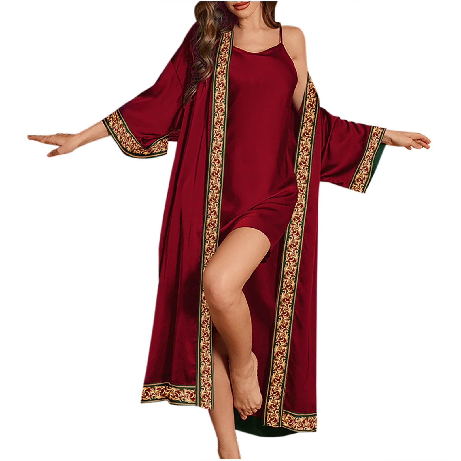 Bathrobe for Women Silk Pajamas Kimono Robe Retro Long Sleeve Satin Pjs ...