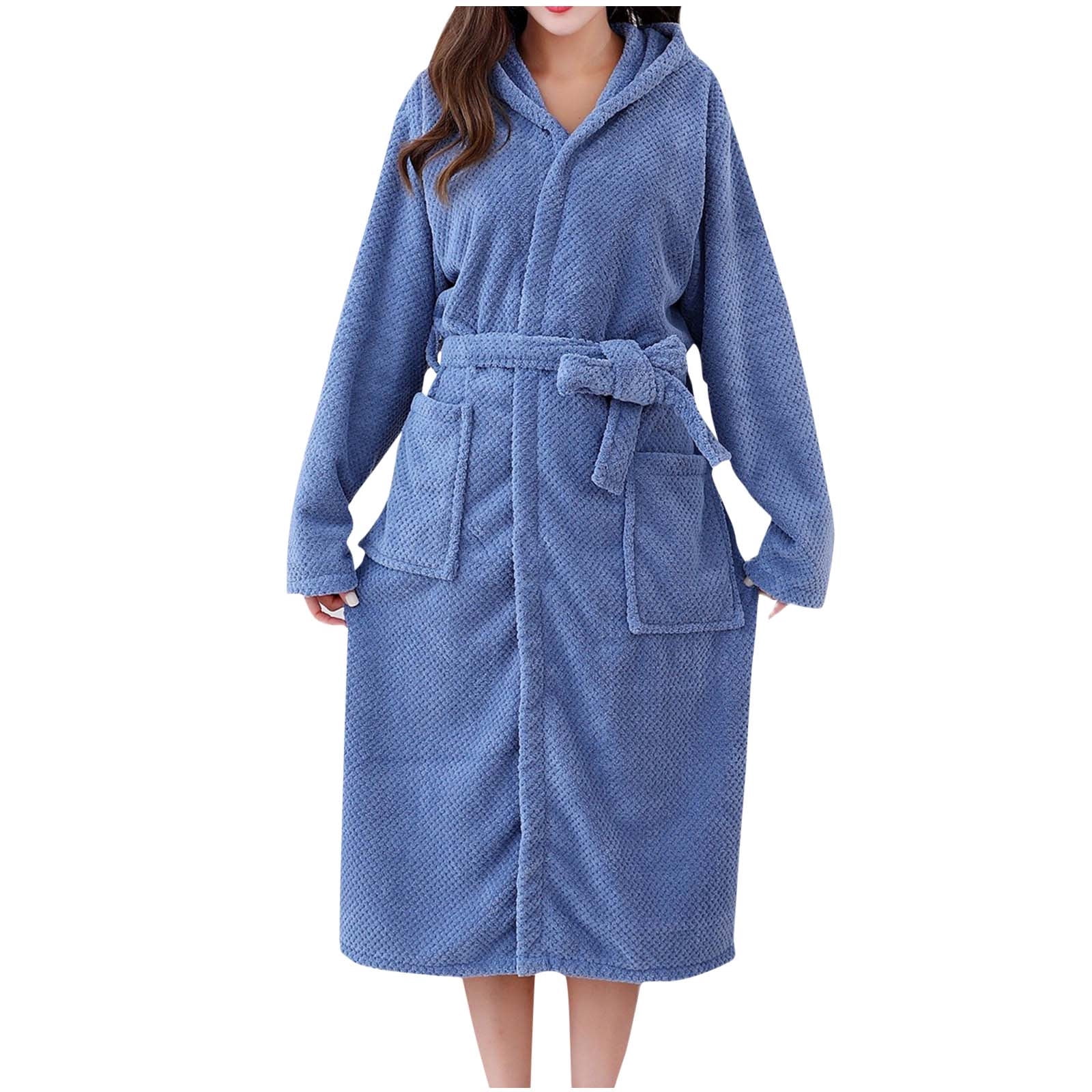 Bathrobe with Hoodie for Women Mid Length Wrap V-Neck Long Sleeve ...