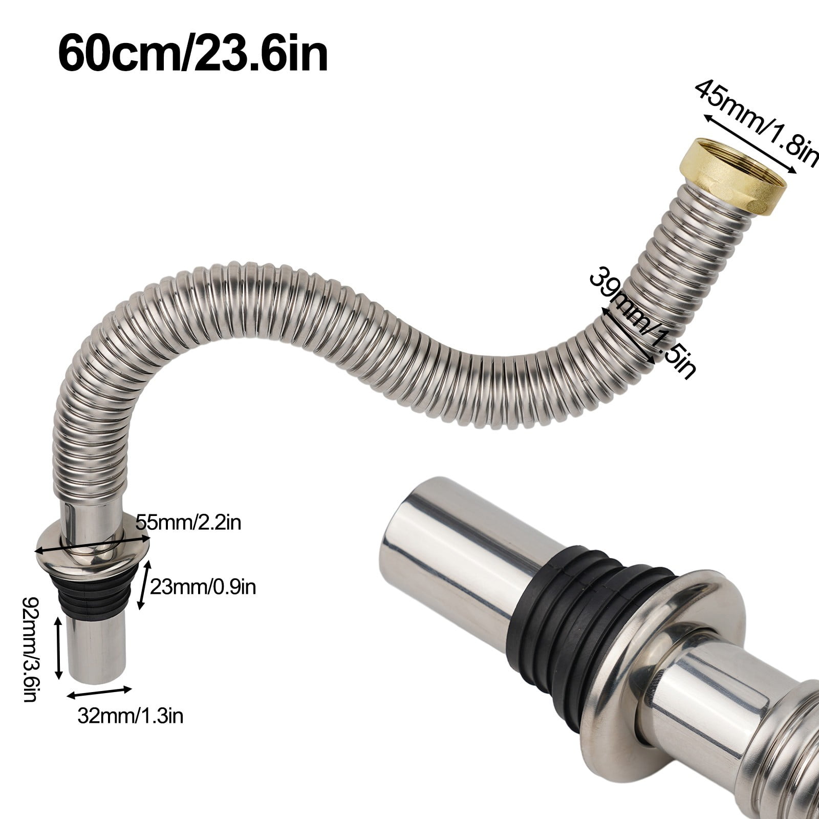 Bathroom 40/60Cm Stainless Steel Sink Siphon Waste Drain Flexible Pipe ...