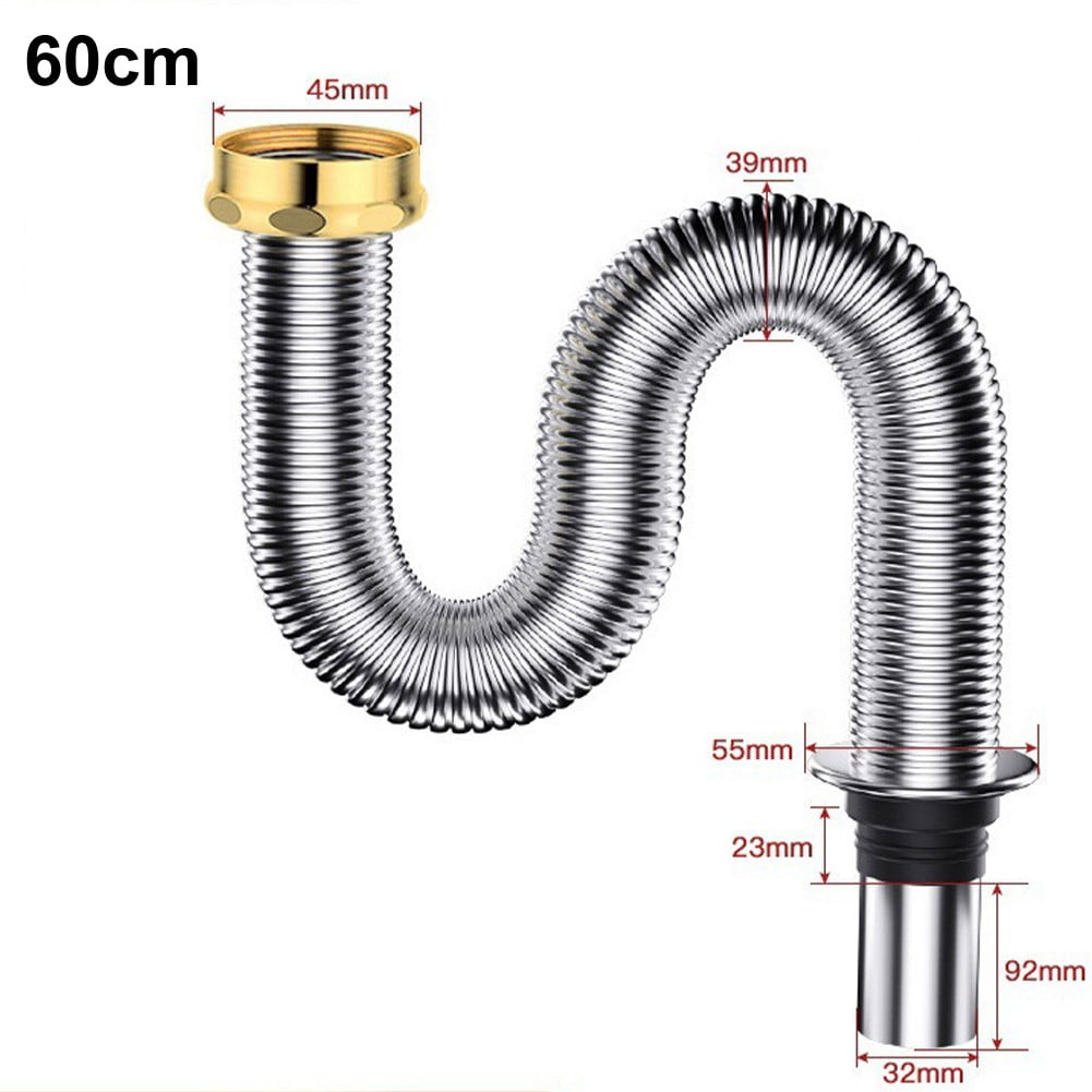 Bathroom 40/60cm Stainless Steel Sink Siphon Waste Drain Flexible Pipe ...