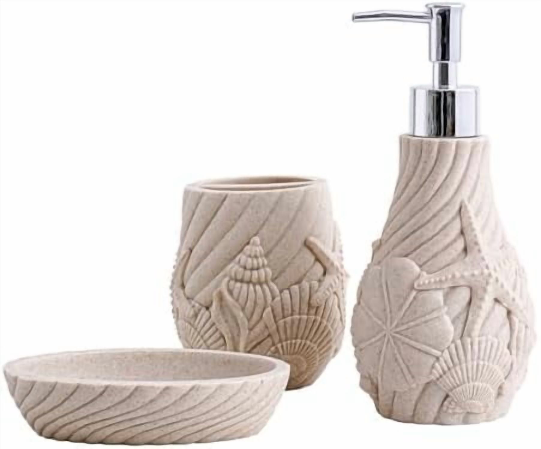 Bathroom Accessories Set 3 Pcs - Beach-Inspired 3D Shell and Starfish ...