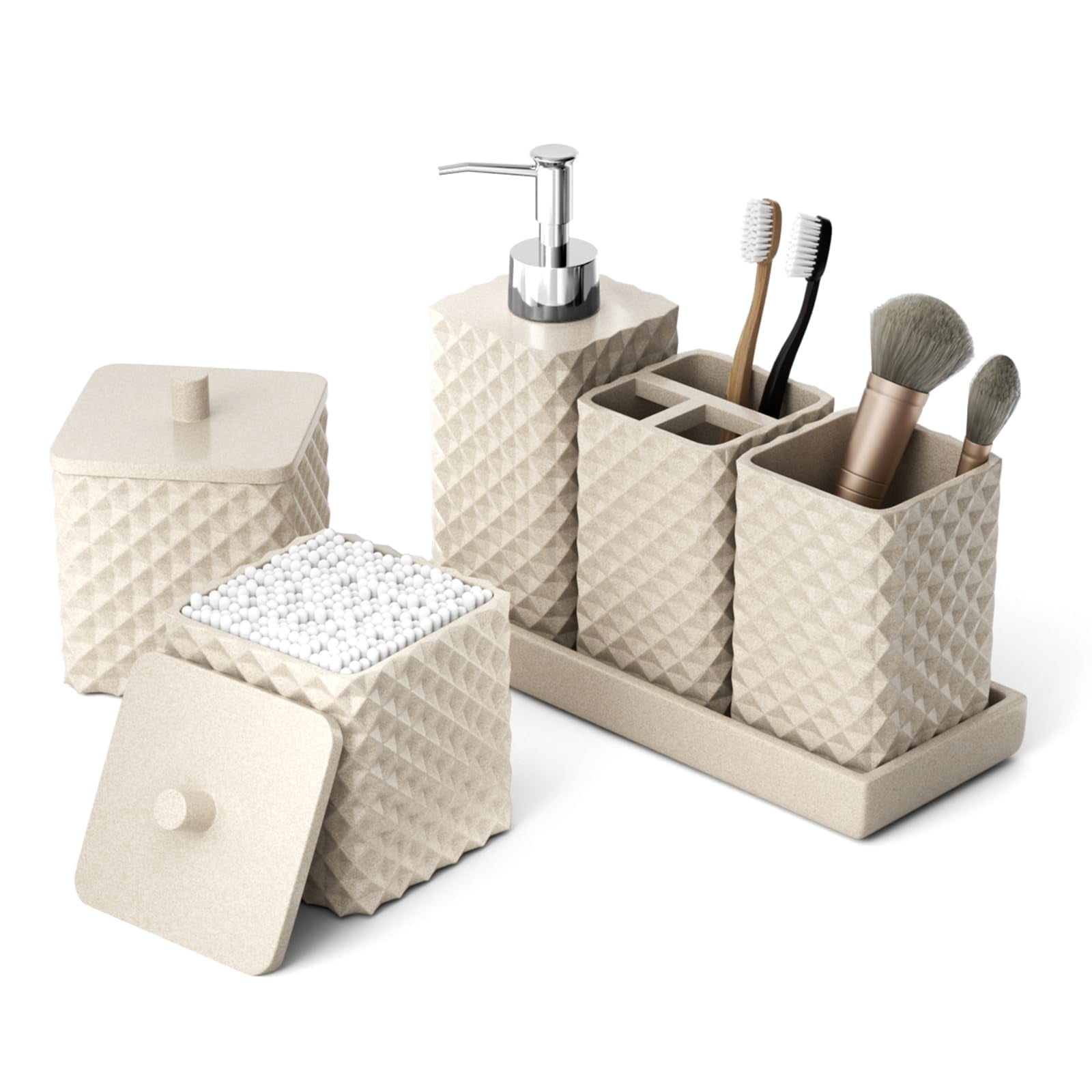 Bathroom Accessories Set 6pcs Beige Diamond-Resin Square Vanity ...