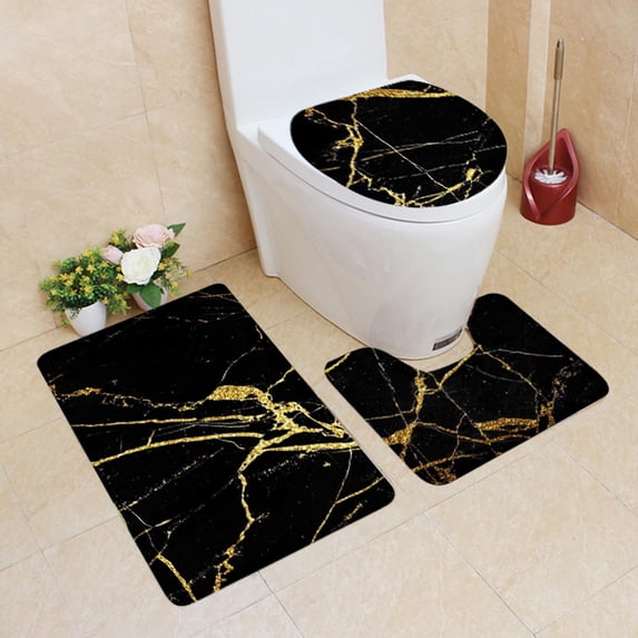 Bathroom Accessories Set Featuring Black and Gold Patterned Bath Rug ...