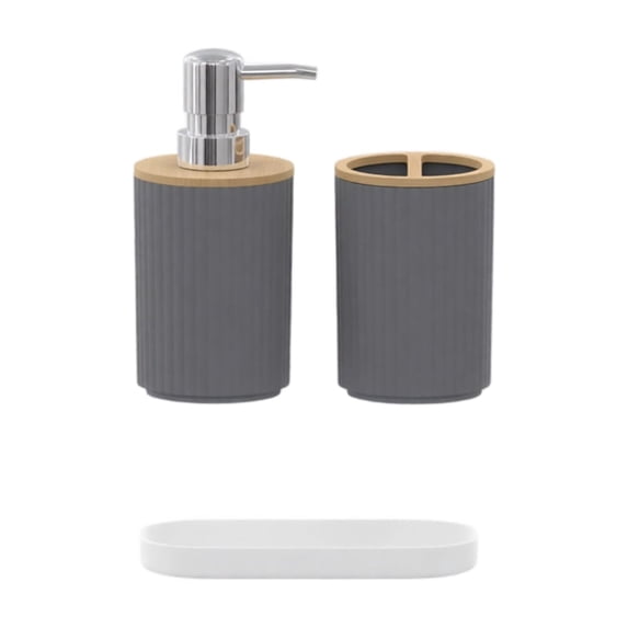 Bathroom Accessories Set, Gray Ribbed Bamboo Accent 3-Piece Bathroom ...