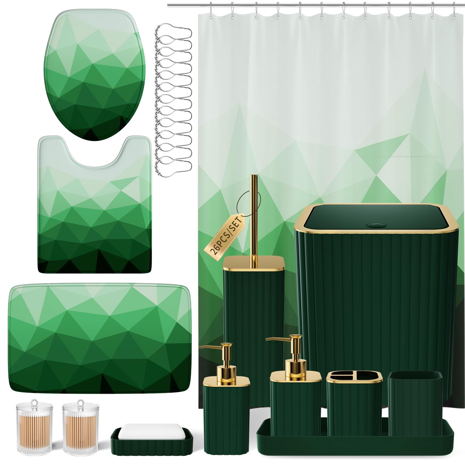 Bathroom Accessory Set - 26pc Shower Curtain And Rug Accessories Green ...