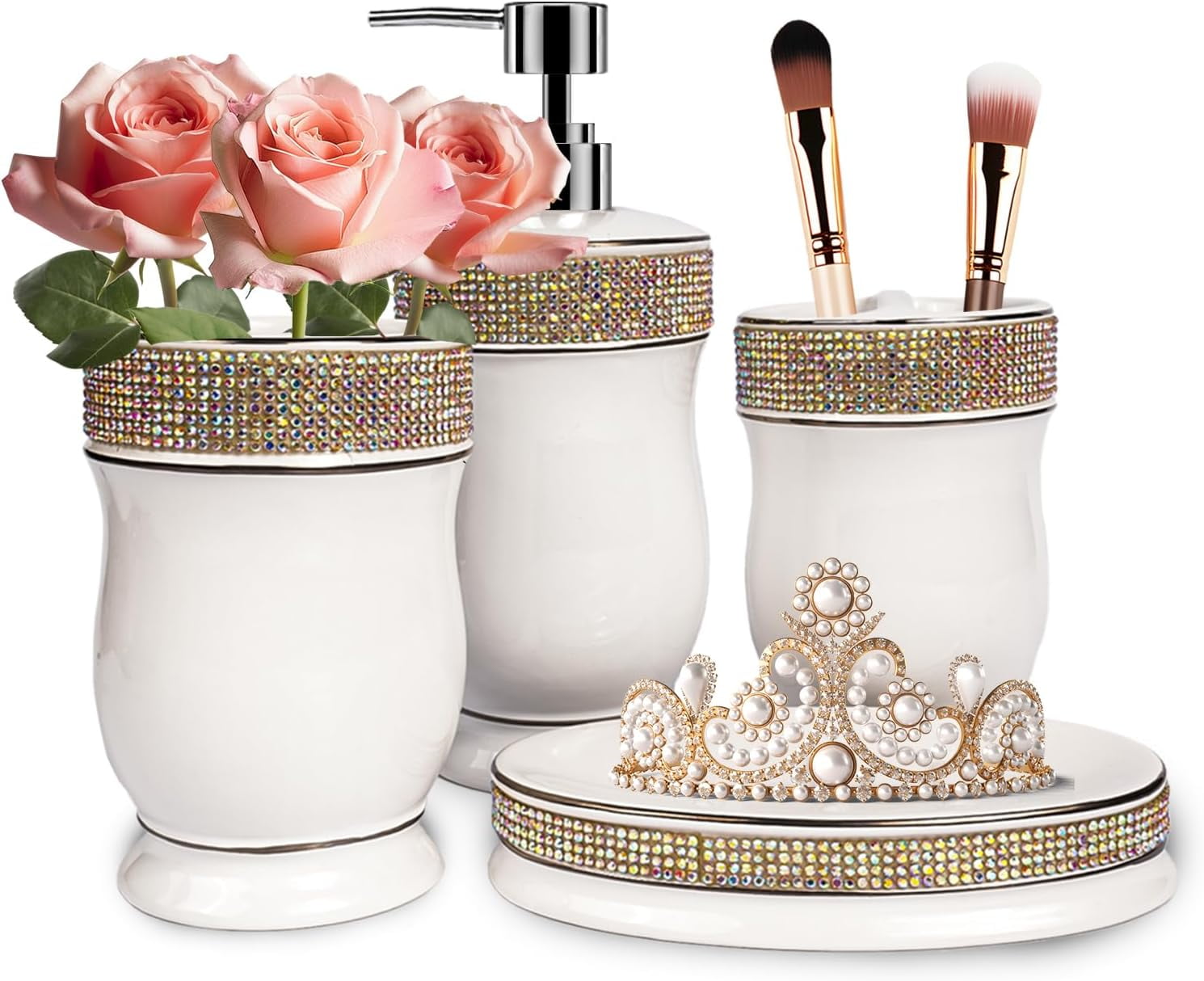 Bathroom Accessory Set 4 Pcs Ceramic Sets with Rhinestone Toothbrush ...