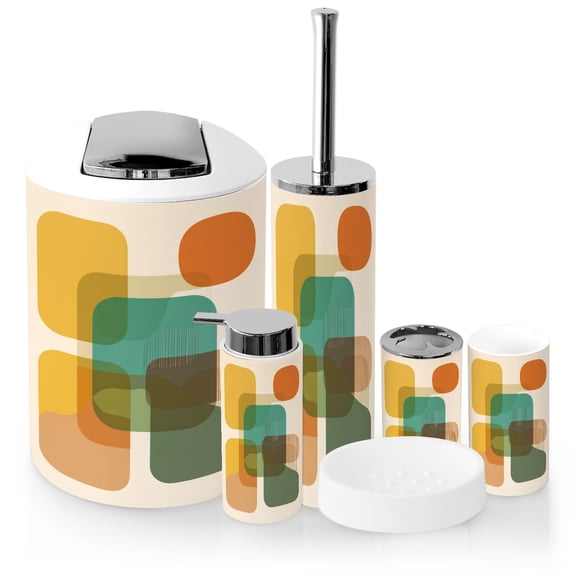Bathroom Accessory Set 6 Piece with Abstract Retro Shapes Soft Earthy ...