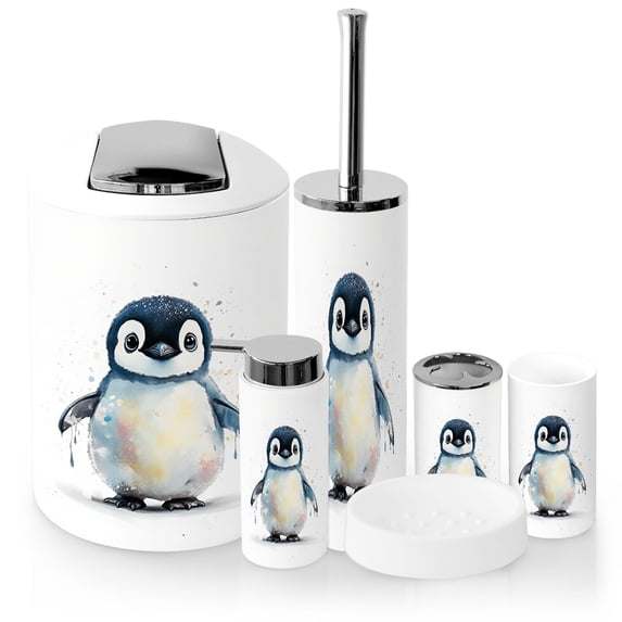 Bathroom Accessory Set 6 Piece with Abstract Watercolor Penguin Animal ...