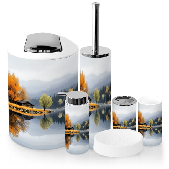 Bathroom Accessory Set 6 Piece with Autumn Landscape Fall Trees Lake ...