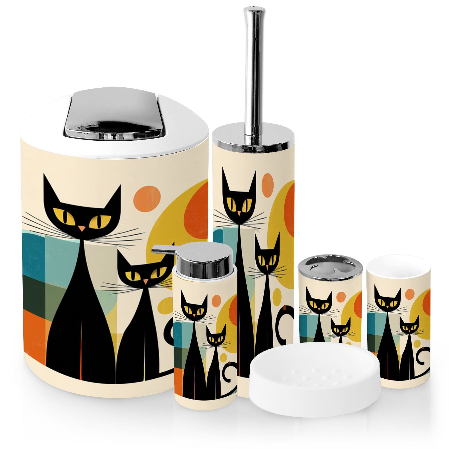 Bathroom Accessory Set 6 Piece with Black Cat Retro Mid Century Room ...