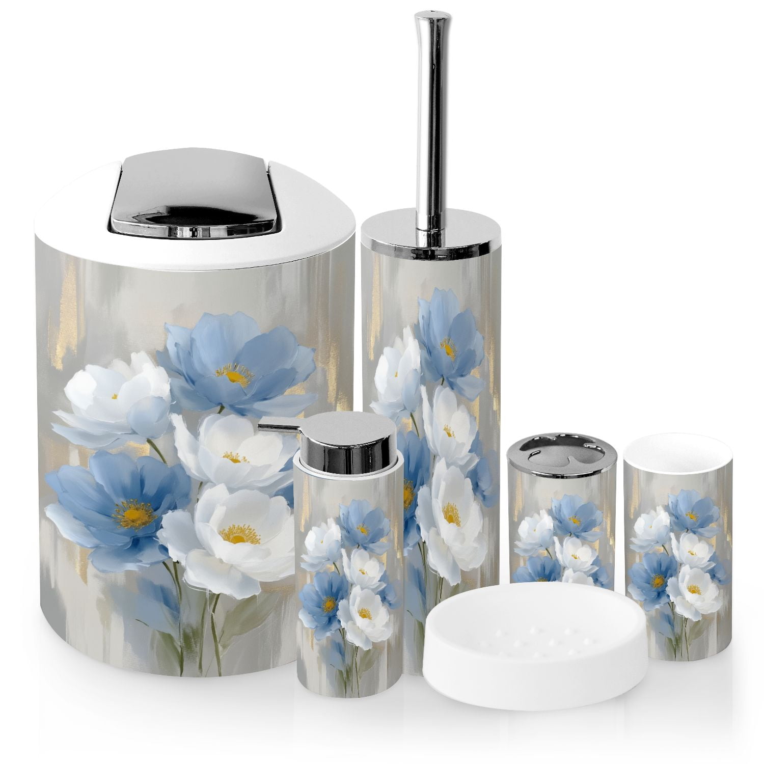 Bathroom Accessory Set 6 Piece with Blue Flower Light Blue White Floral ...