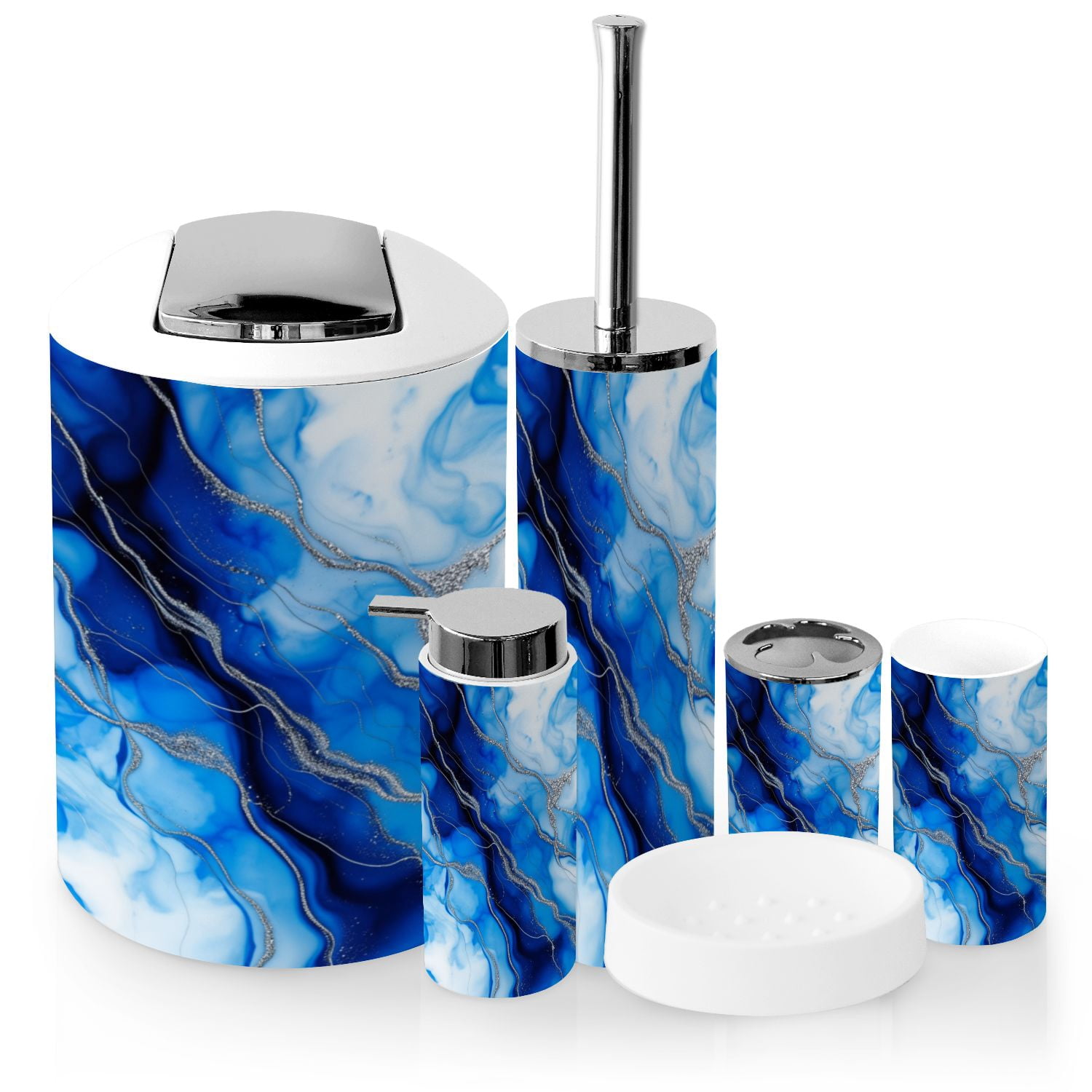 Bathroom Accessory Set 6 Piece with Blue silver abstract marble liquid ...