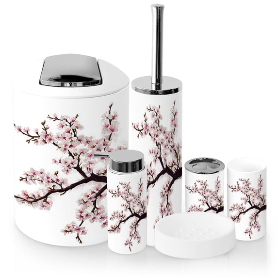 Bathroom Accessory Set 6 Piece with Branch blossoming cherry tree white ...