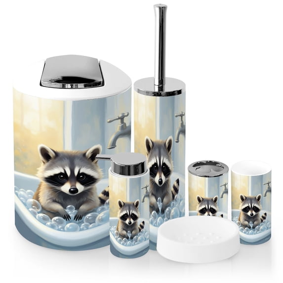 Bathroom Accessory Set 6 Piece with Cute Raccoon Bathing Humor ...