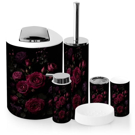 Bathroom Accessory Set 6 Piece with Deep Burgundy Roses Dark Floral ...