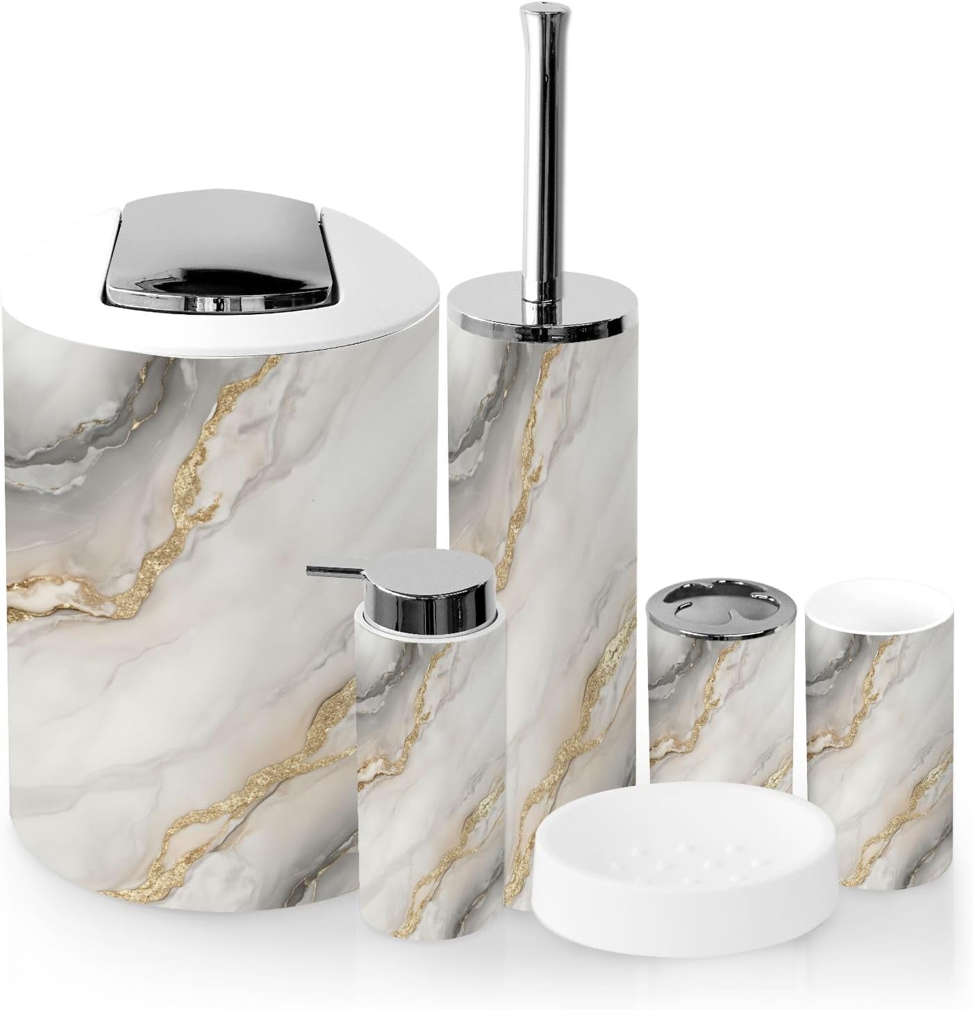 Bathroom Accessory Set 6 Piece Elegant Marble Gold Veins Soft Grey ...