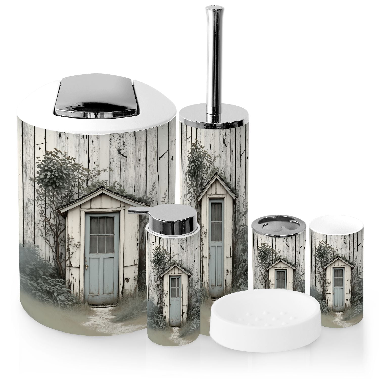 Bathroom Accessory Set 6 Piece with Farmhouse Outhouse Vintage Outhouse ...