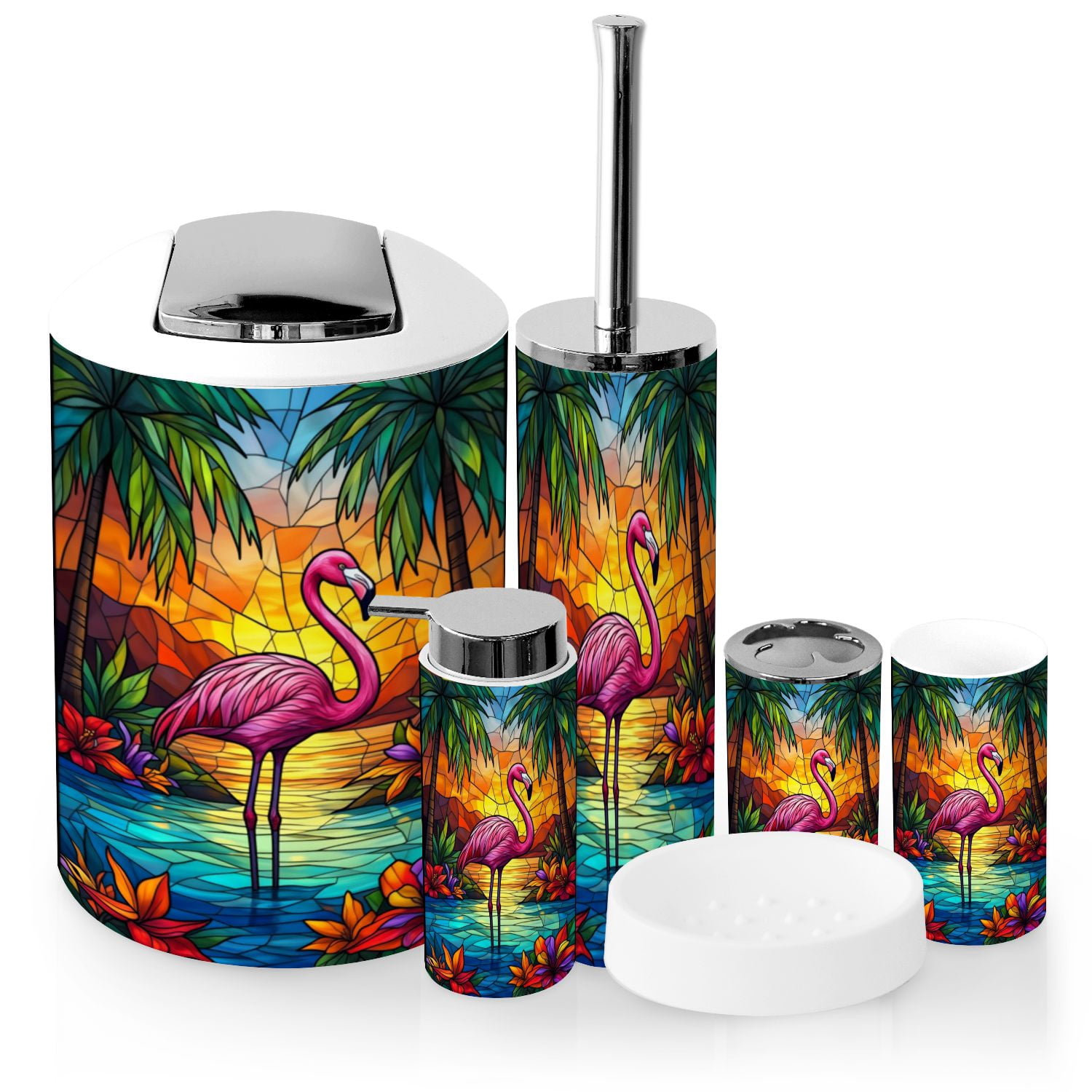 Bathroom Accessory Set 6 Piece with Flamingo Elegant Pearl Pink Stained ...