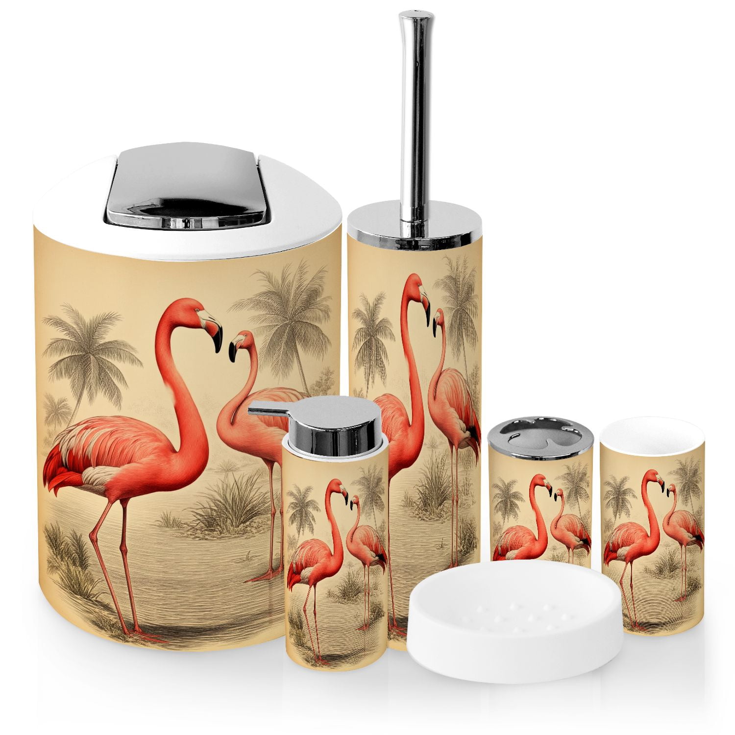 Bathroom Accessory Set 6 Piece with Flamingo Two Elegant Tropical Palm ...