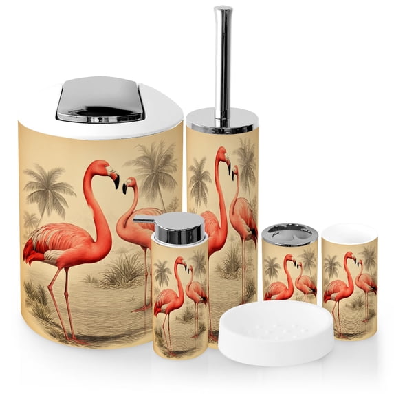 Bathroom Accessory Set 6 Piece with Flamingo Two Elegant Tropical Palm ...